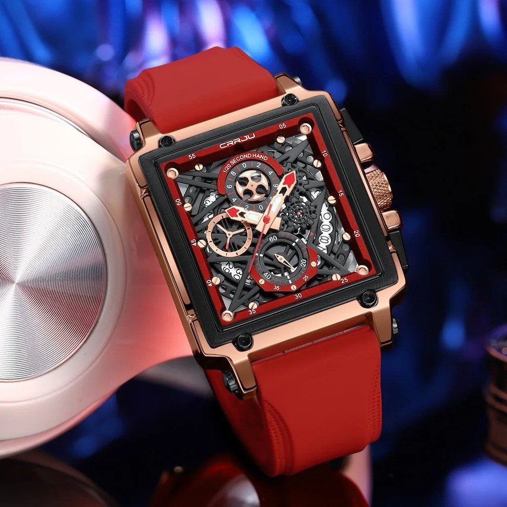 CRRJU 2312 Red Luxury Sports Quartz Wristwatches for Men Colorful Multi ...