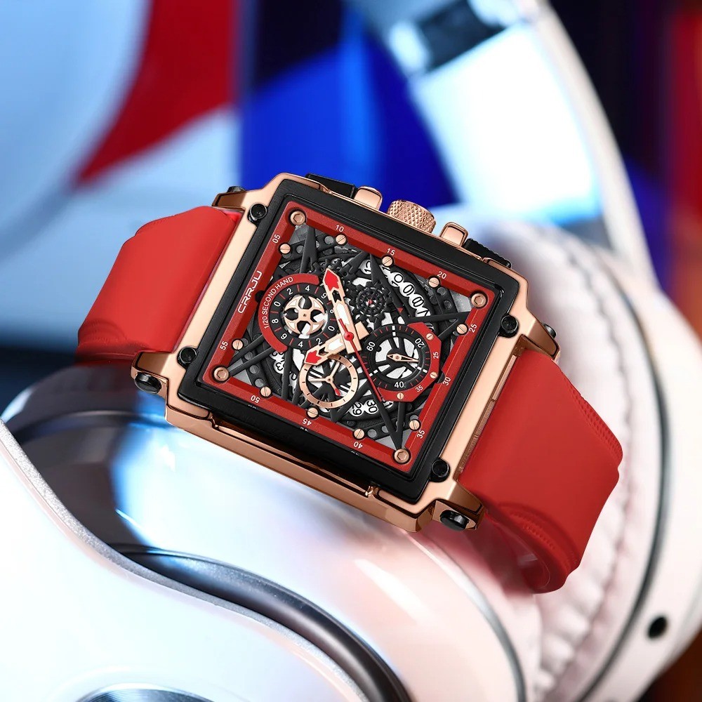 CRRJU 2312 Red Luxury Sports Quartz Wristwatches for Men Colorful Multi ...