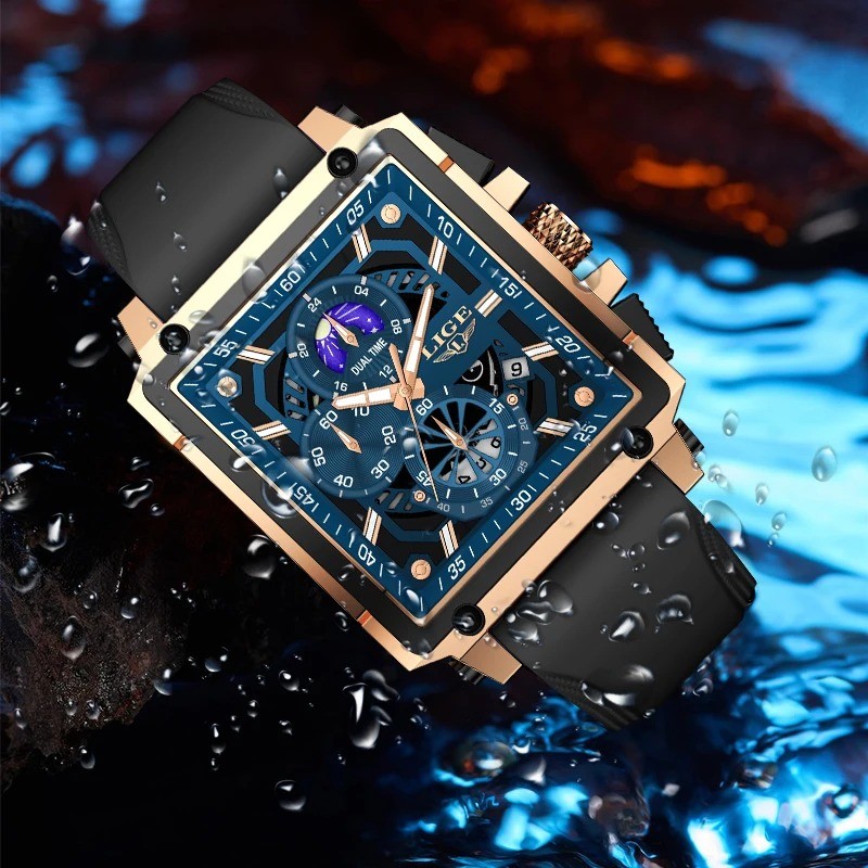 LIGE Mens Silicone Strap Waterproof Watches Top Brand Luxury Hollow ...